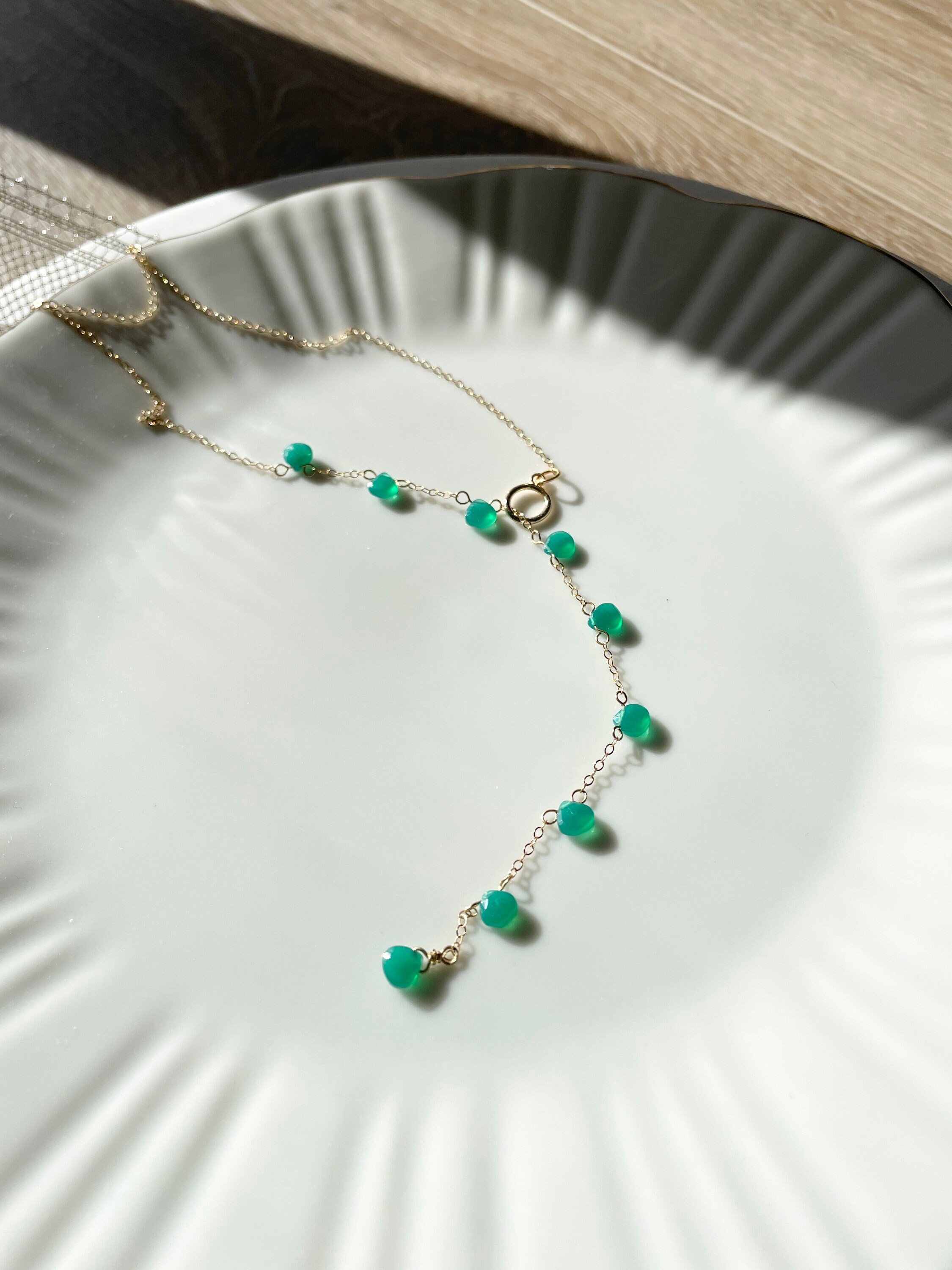 Green Dainty Chain Lariat Necklace, Green Stone Necklace, Gold Filled ...