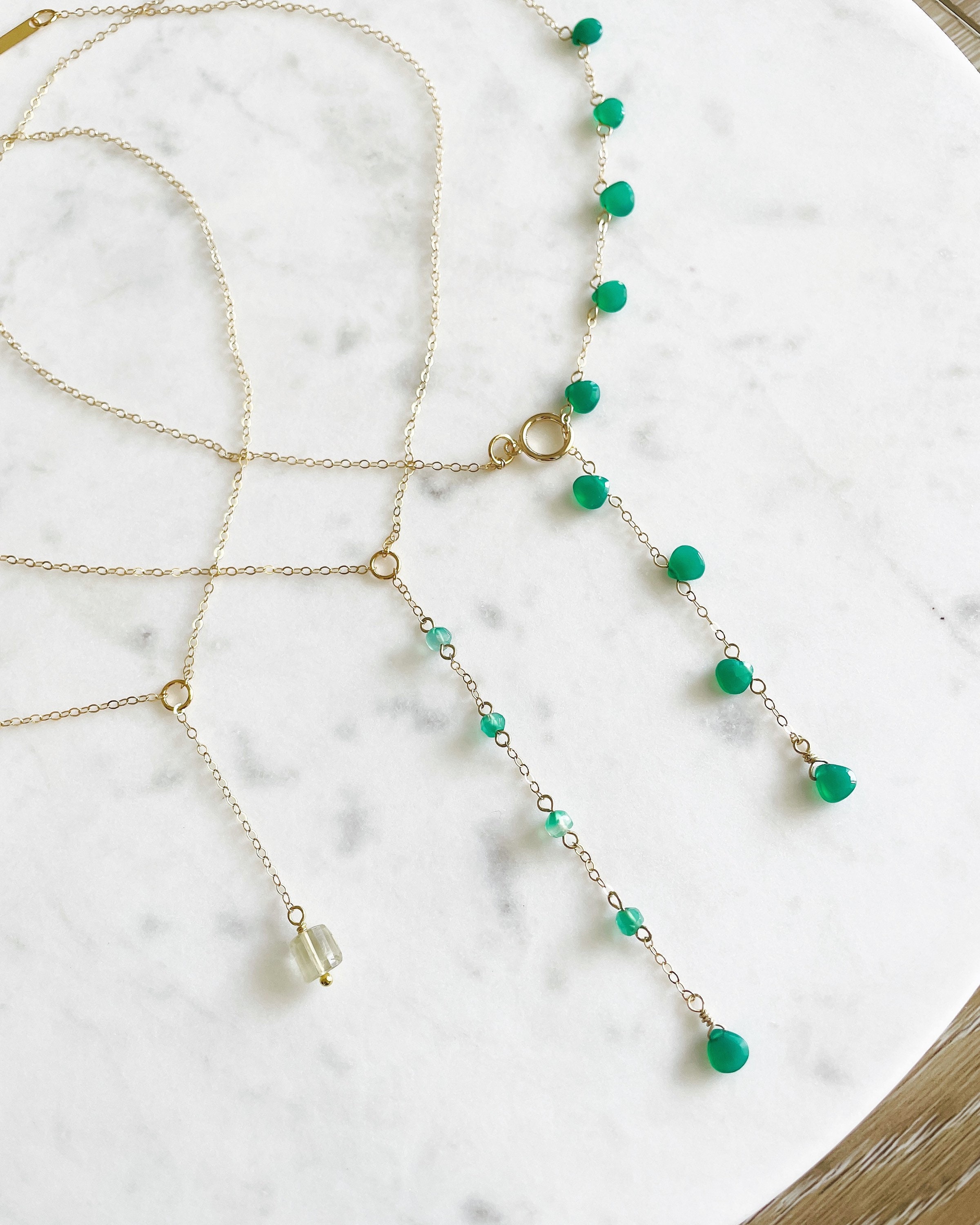Green Dainty Chain Lariat Necklace, Green Stone Necklace, Gold Filled ...