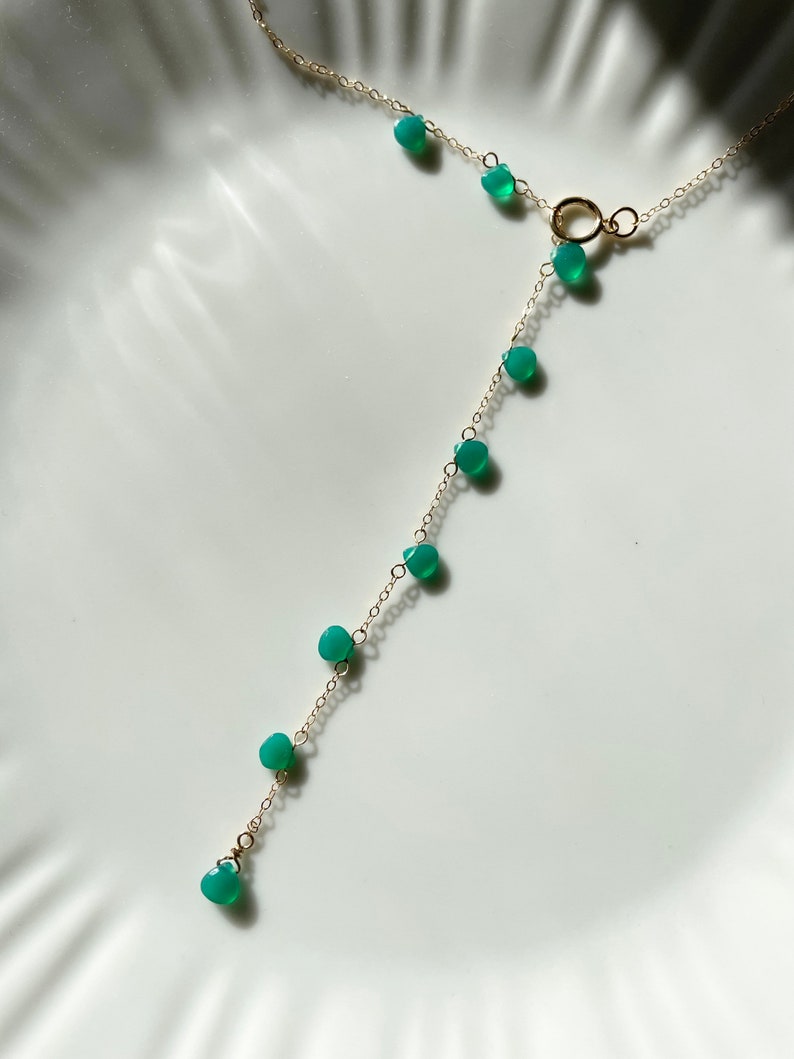 Dainty 14k Gold Filled Lariat Necklace, Green Onyx Gemstone Y Pendant ...