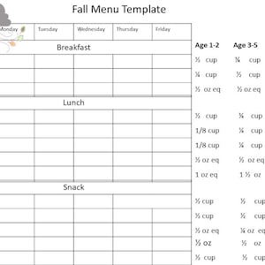 Childcare Menu Templates , Daycare Menu Template, Monthly Menu , Season ...