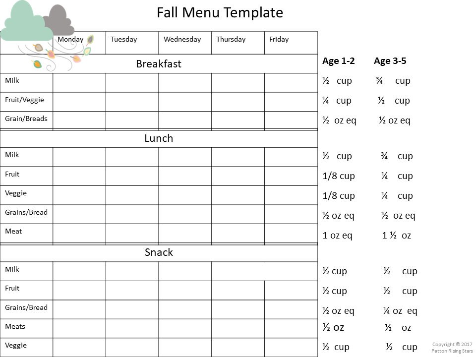 Childcare Menu Templates , Daycare Menu Template, Monthly Menu , Season ...