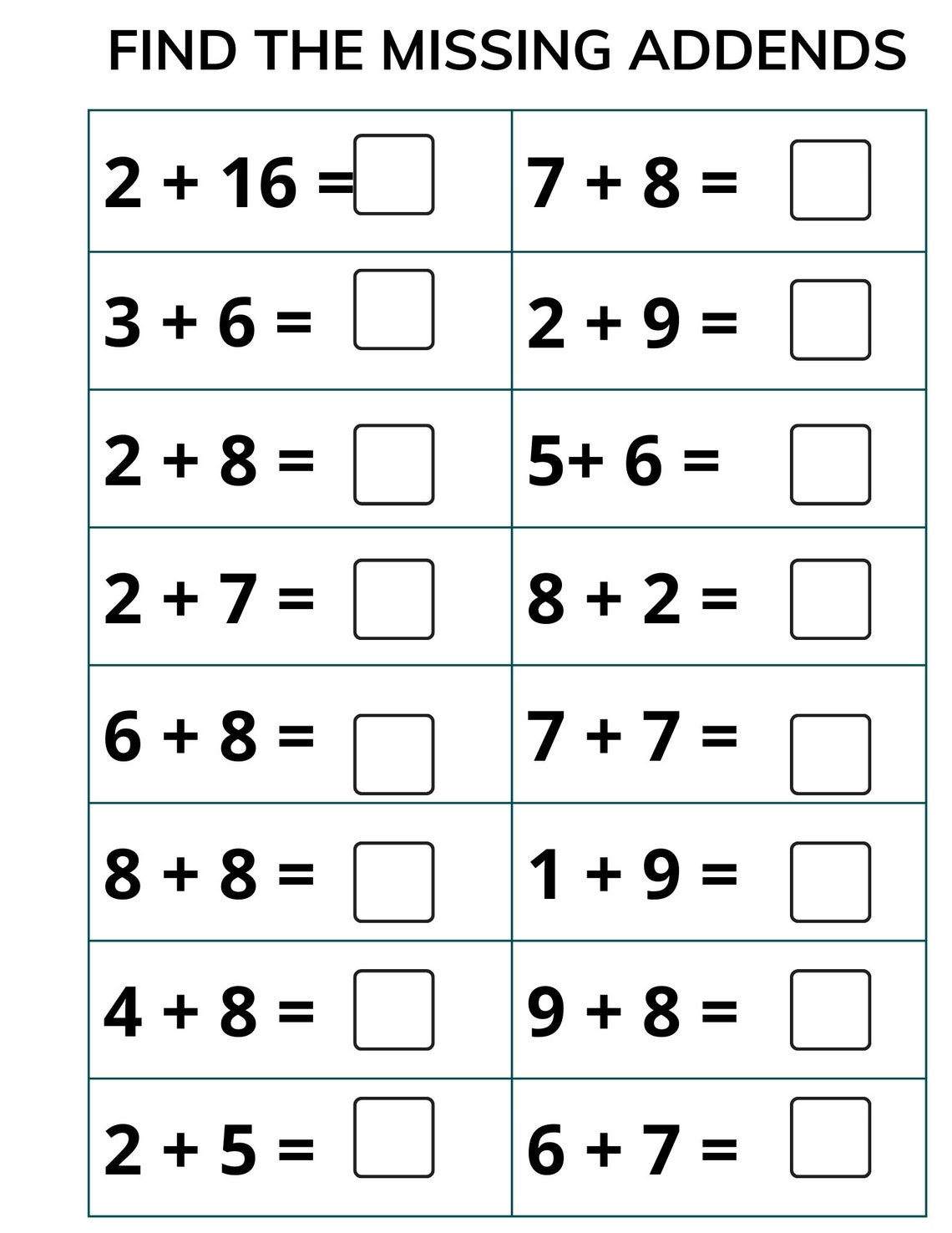 4 Printable Missing Addends Worksheets up to 20 / Math Addition ...