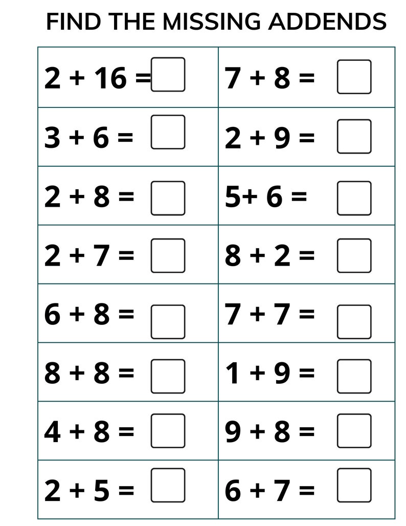4 Printable Missing Addends Worksheets up to 20 / Math Addition ...
