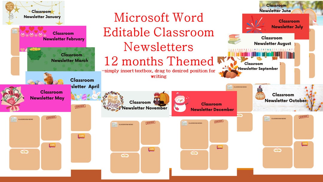 Editable Classroom Newsletter, Monthly Newsletter, Set of 12 Themed ...