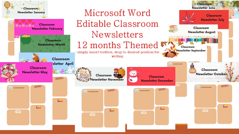 Editable Classroom Newsletter, Monthly Newsletter, Set of 12 Themed ...