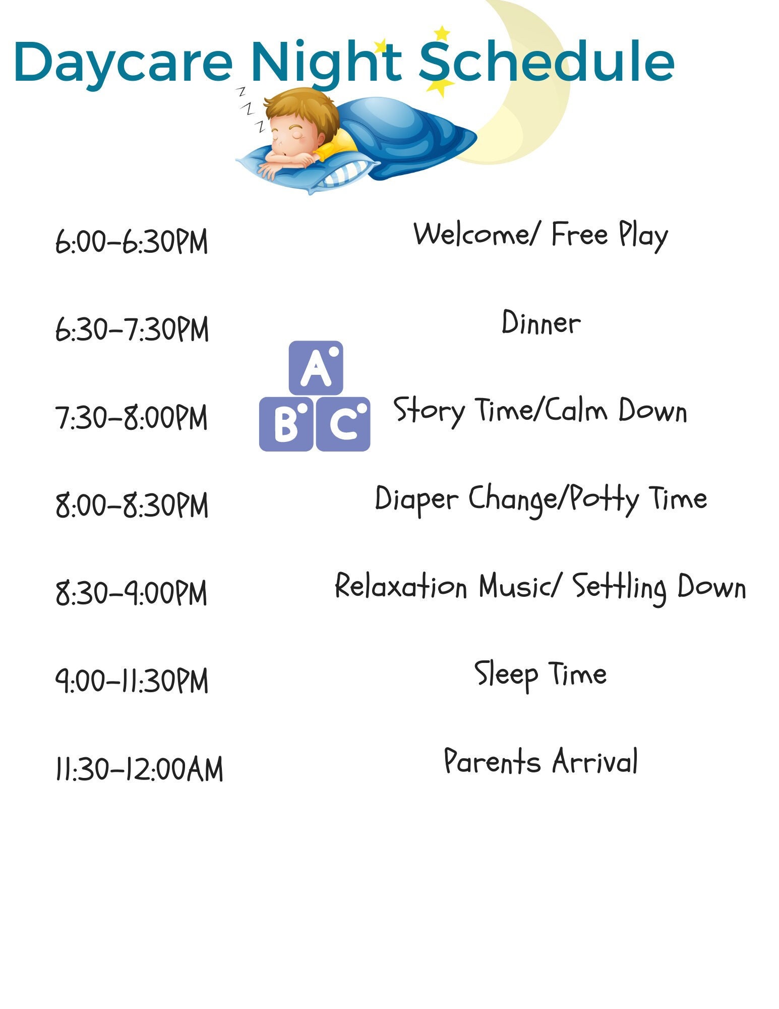 Editable Night Daily Daycare Schedule, Home Daycare/ Childcare Form ...