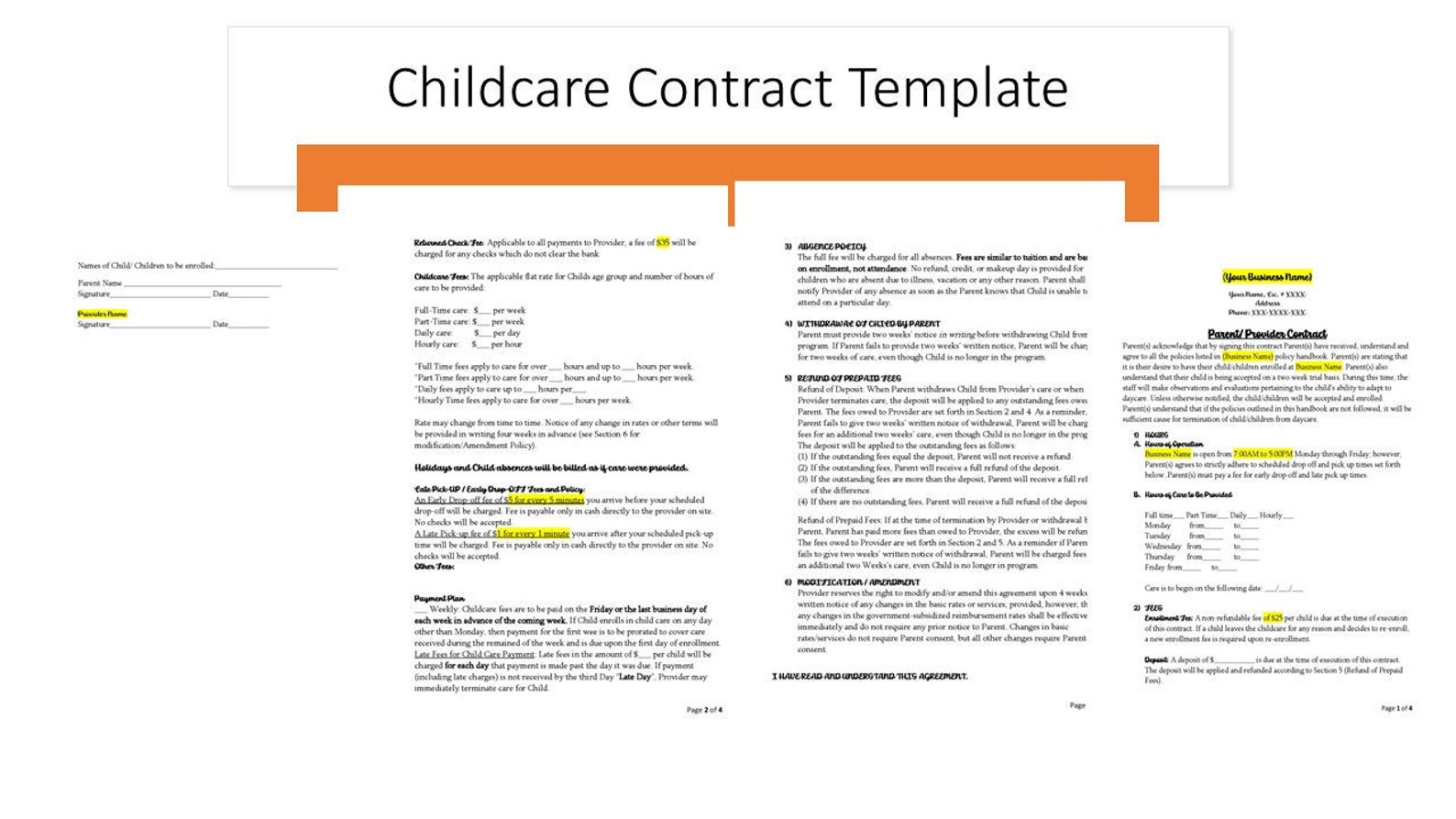 Daycare Contract, Childcare Contract, Daycare Template, Childcare ...