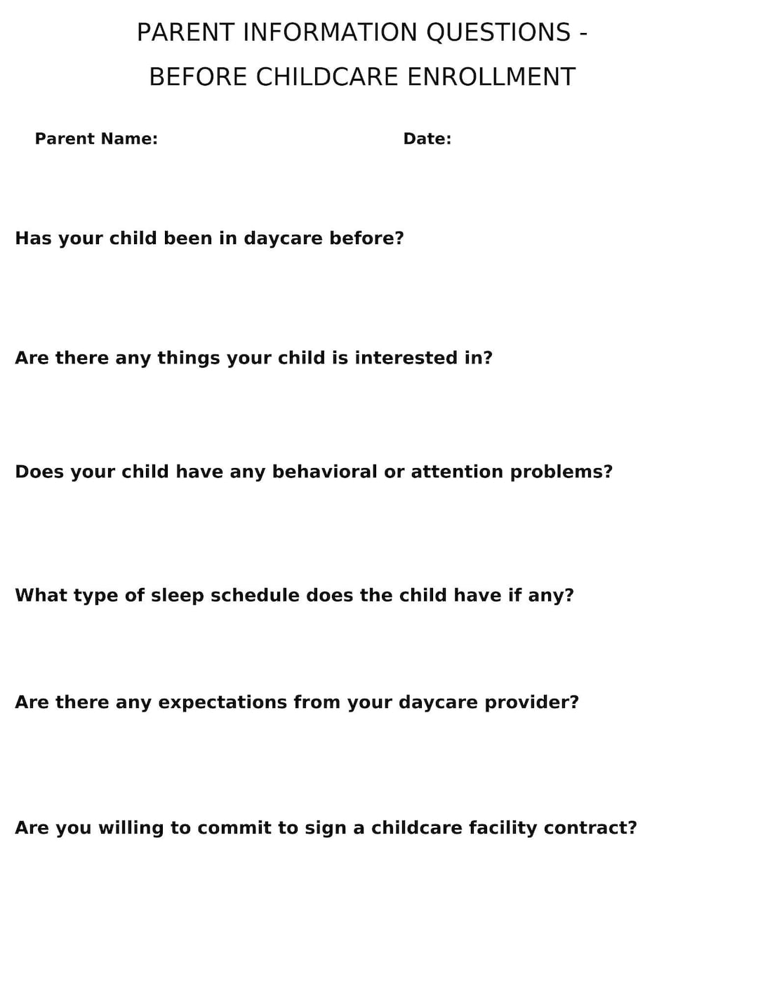 Parent Information Questions Before Childcare Enrollment, Daycare ...