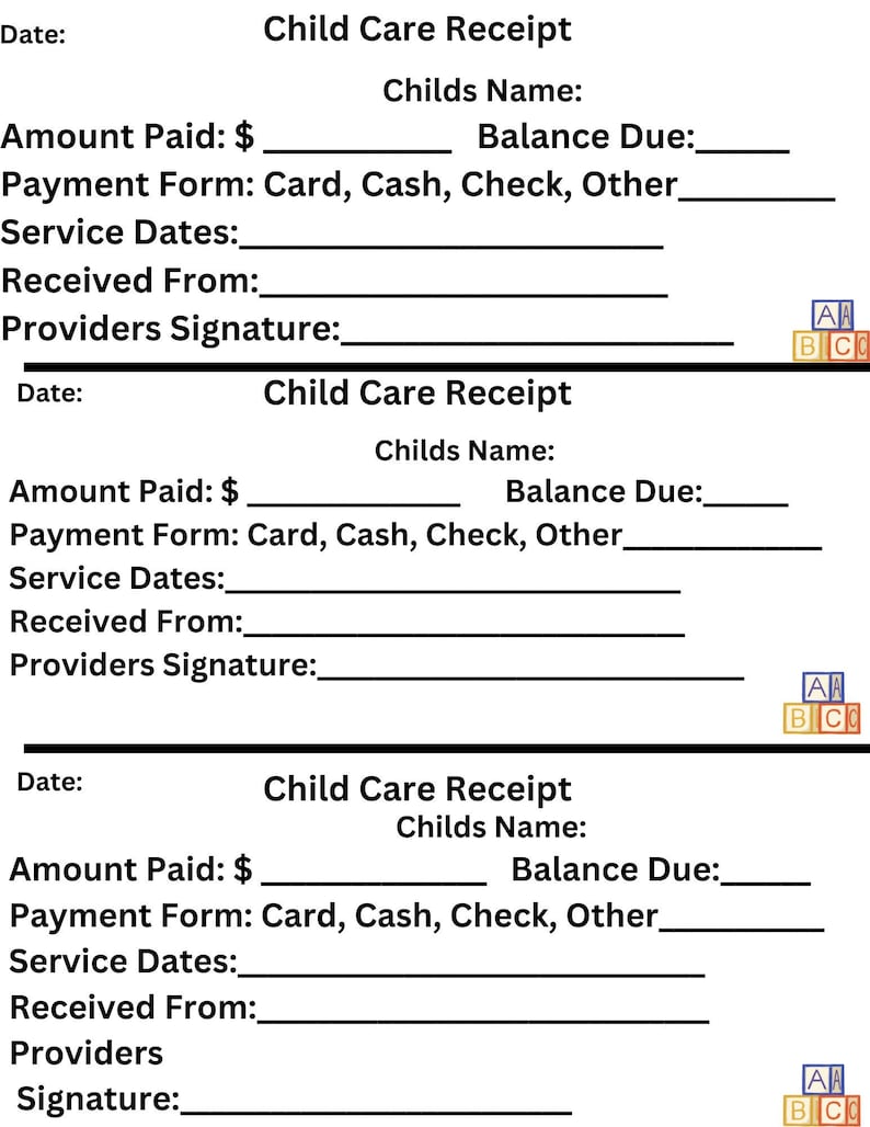 Child Care Receipt, Daycare Receipt, Daycare Payment Form, Payment ...
