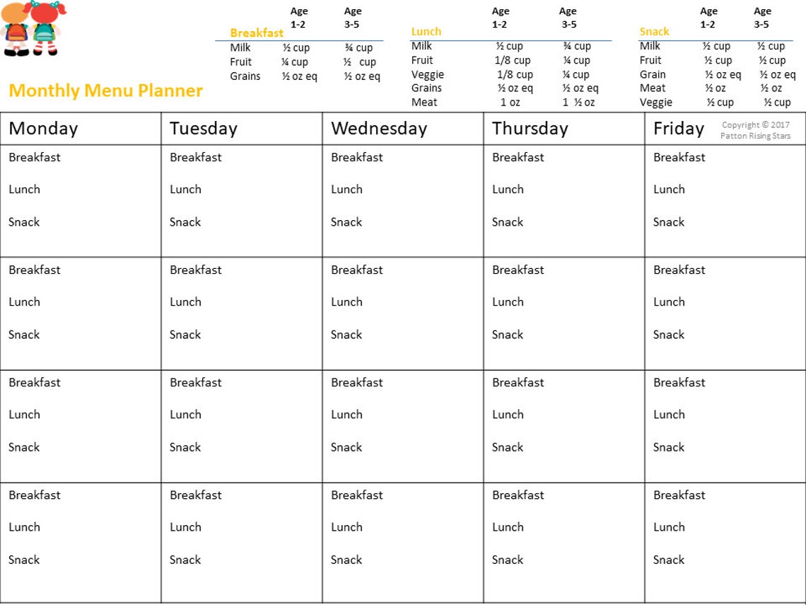 Childcare Menu Templates , Daycare Menu Template, Monthly Menu , Season ...
