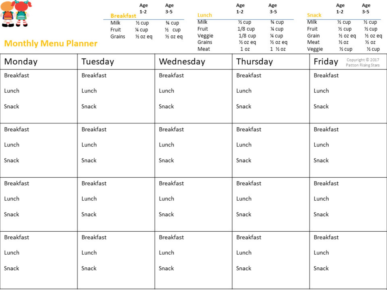 Childcare Menu Templates , Daycare Menu Template, Monthly Menu , Season ...