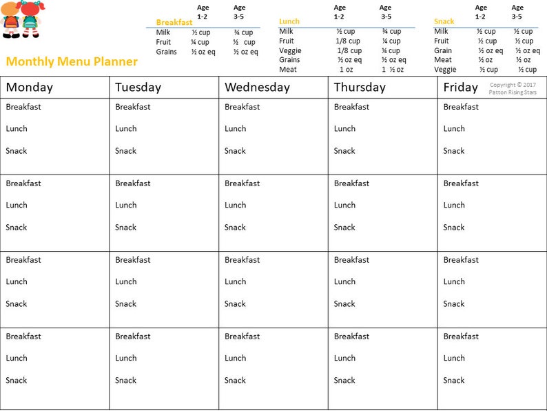 Childcare Menu Templates , Daycare Menu Template, Monthly Menu , Season ...