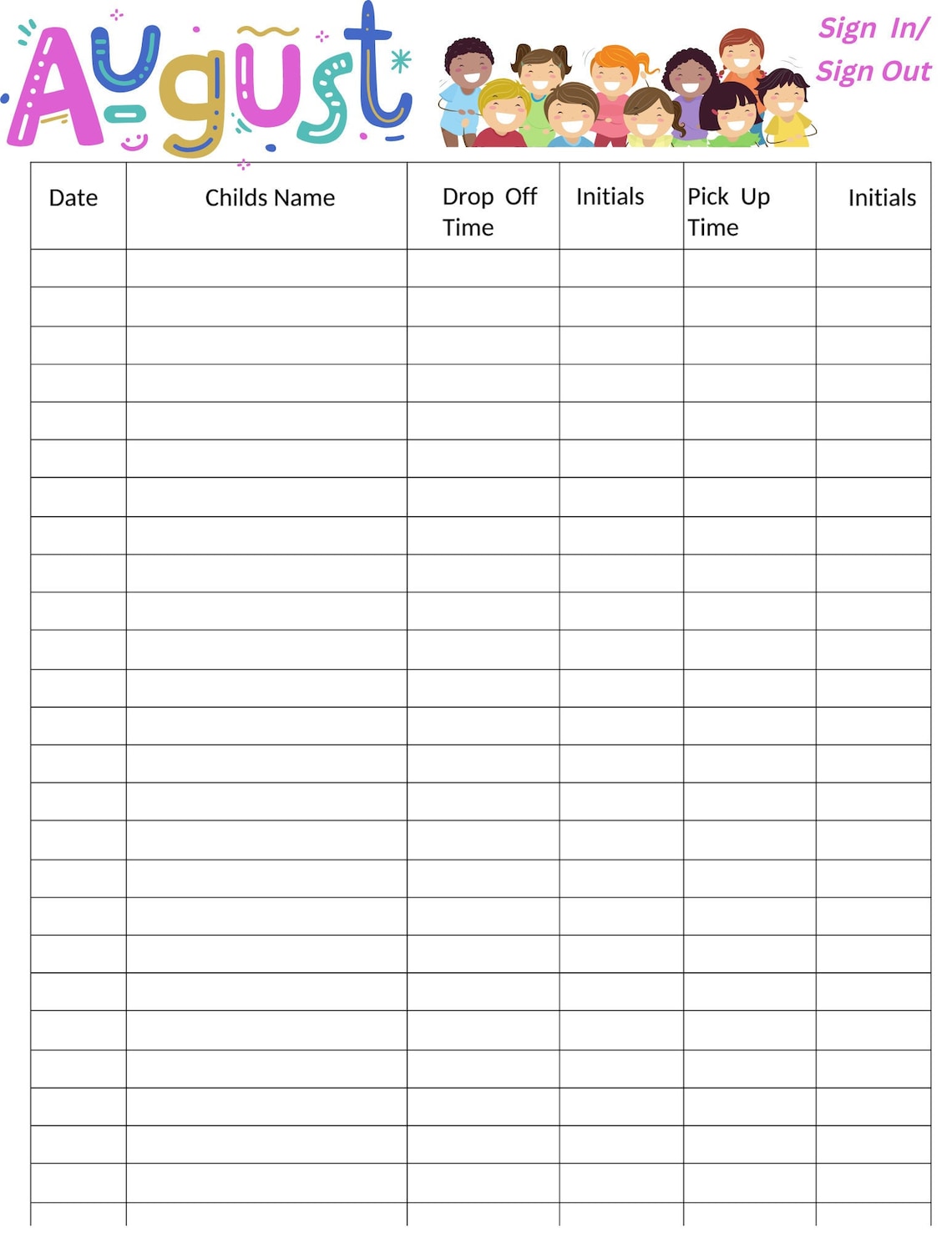 Sign In/ Sign Out Sheet, Daycare Template, Childcare Template, Digitial ...