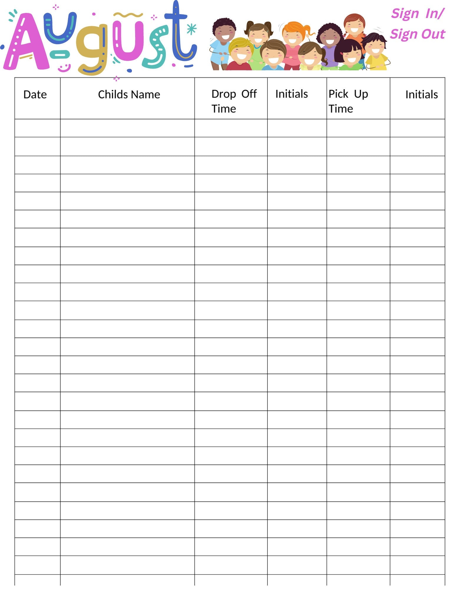 Sign In/ Sign Out Sheet, Daycare Template, Childcare Template, Digitial ...