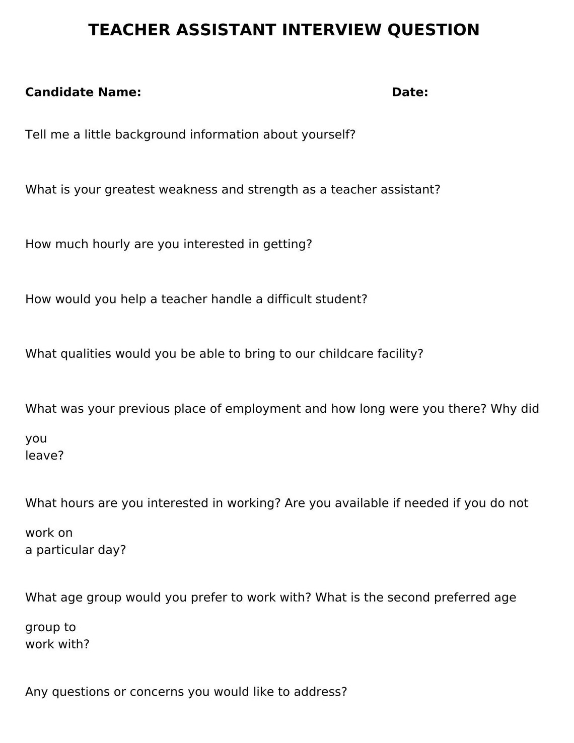 Teacher Assistant Interview Questions Childcare, Daycare Interview ...