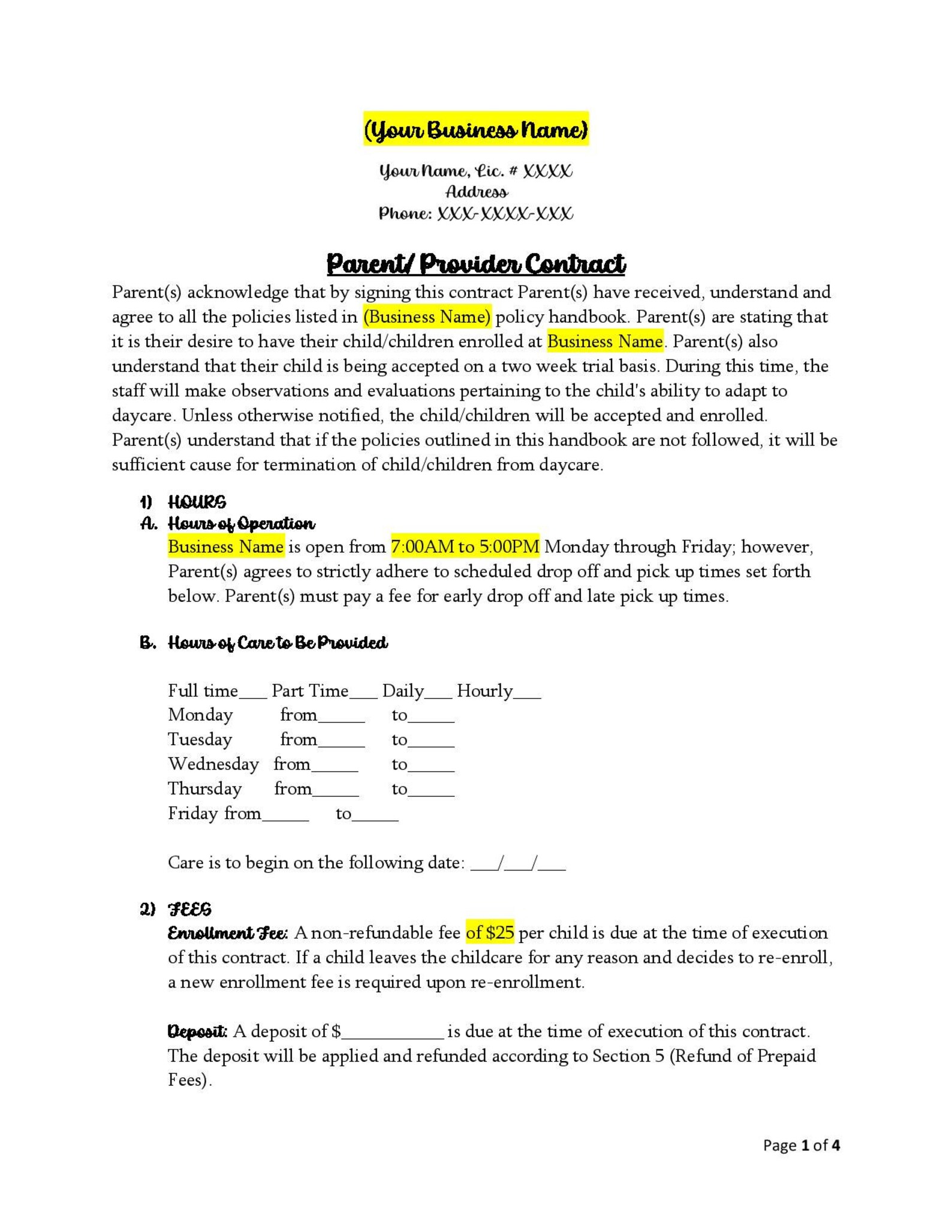 Daycare Contract, Childcare Contract, Daycare Template, Childcare ...