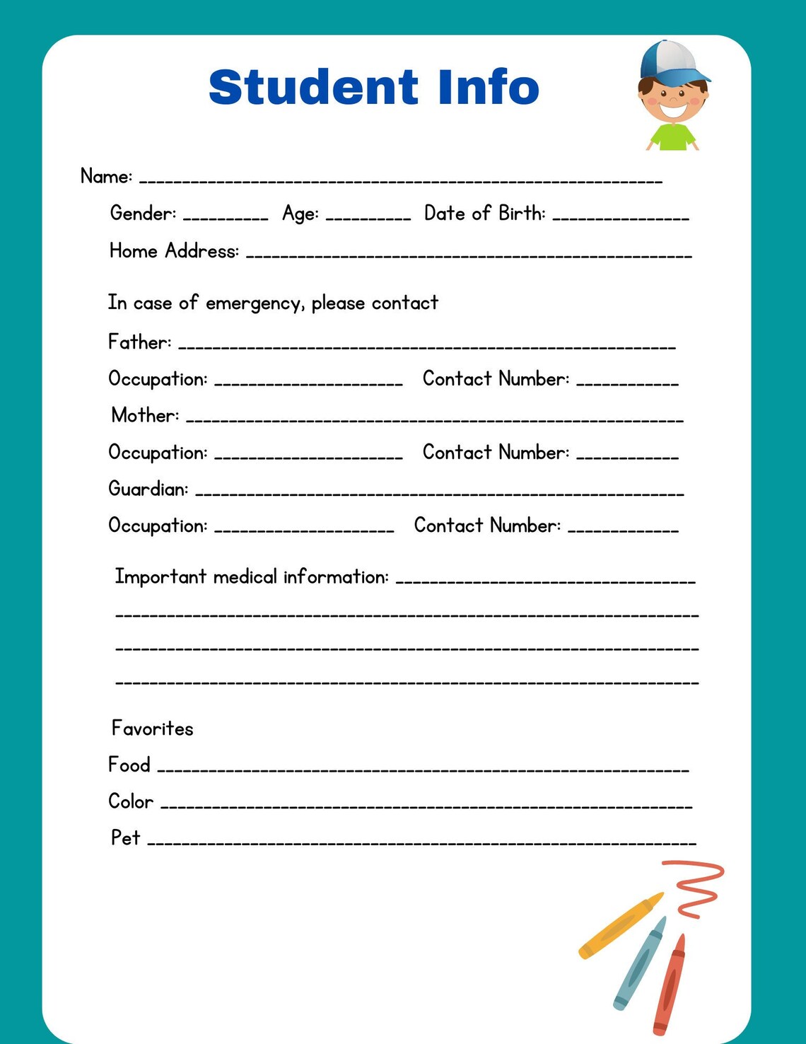 Student Info Sheet, Boy Information Sheet, Elementary Information ...