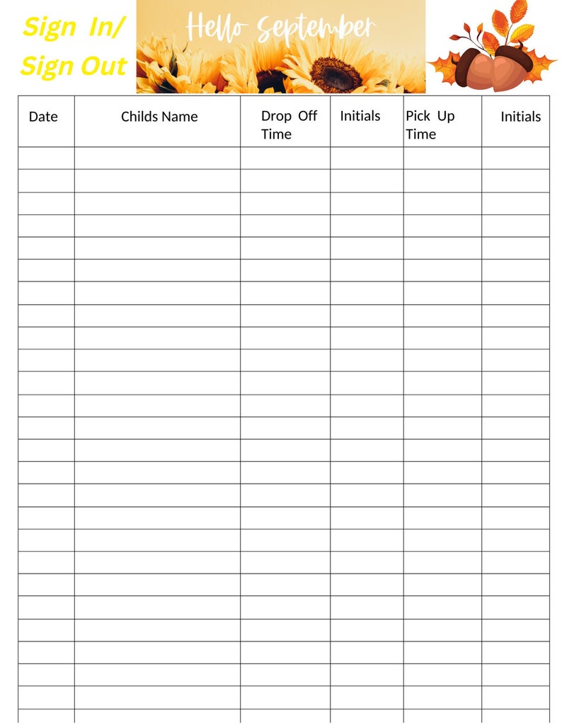 Sign In/ Sign Out Sheet, Daycare Template, Childcare Template, Digitial ...