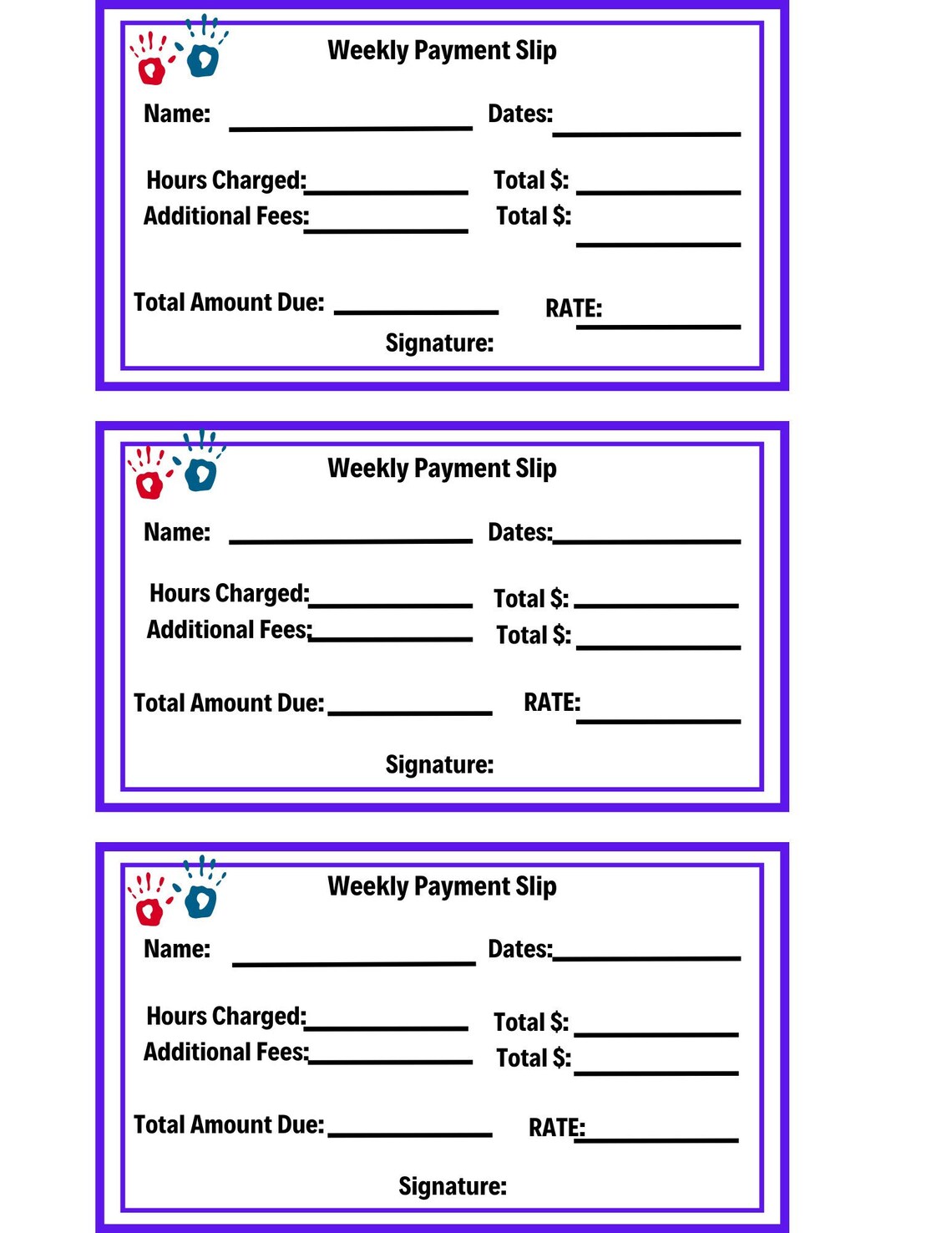Weekly Payment Slip, Daycare Payment Form, Payment Amount Slips ...