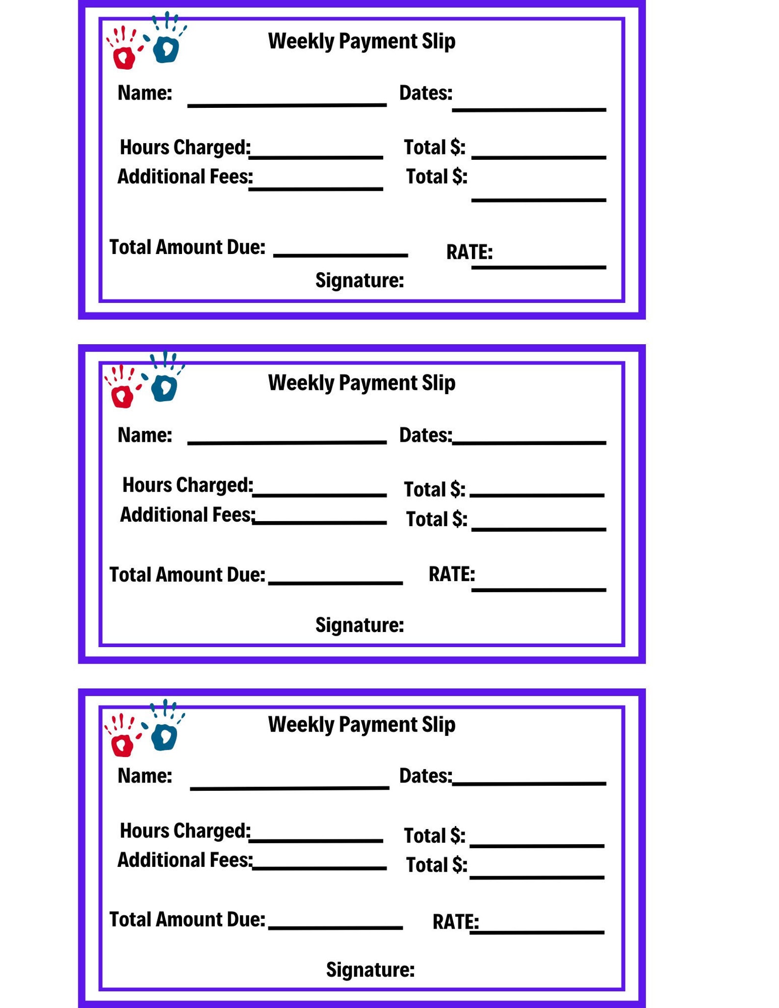 Weekly Payment Slip, Daycare Payment Form, Payment Amount Slips ...