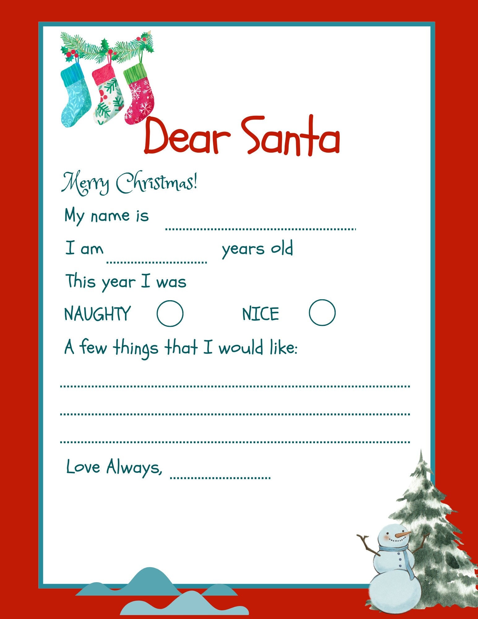 Dear Santa, Santa Letter, Santa List, Santa Template, Christmas Letter ...