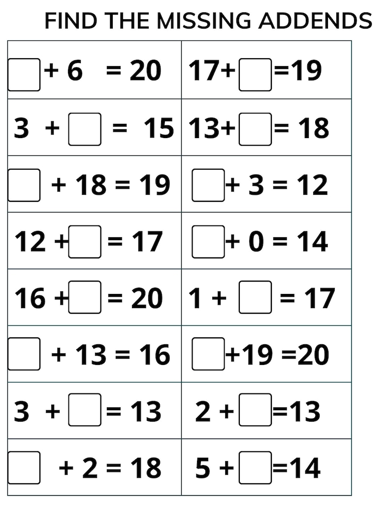 4 Printable Missing Addends Worksheets up to 20 / Math Addition ...