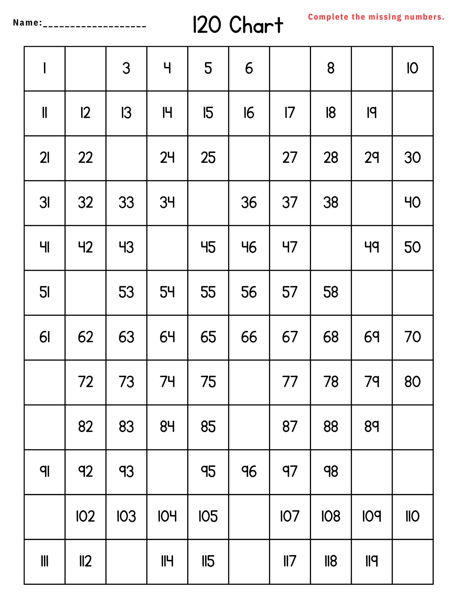 100 Printable Missing Numbers Worksheets / 120 Printable Missing ...