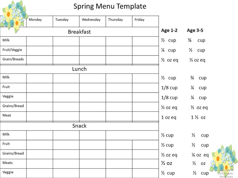Childcare Menu Templates , Daycare Menu Template, Monthly Menu , Season ...