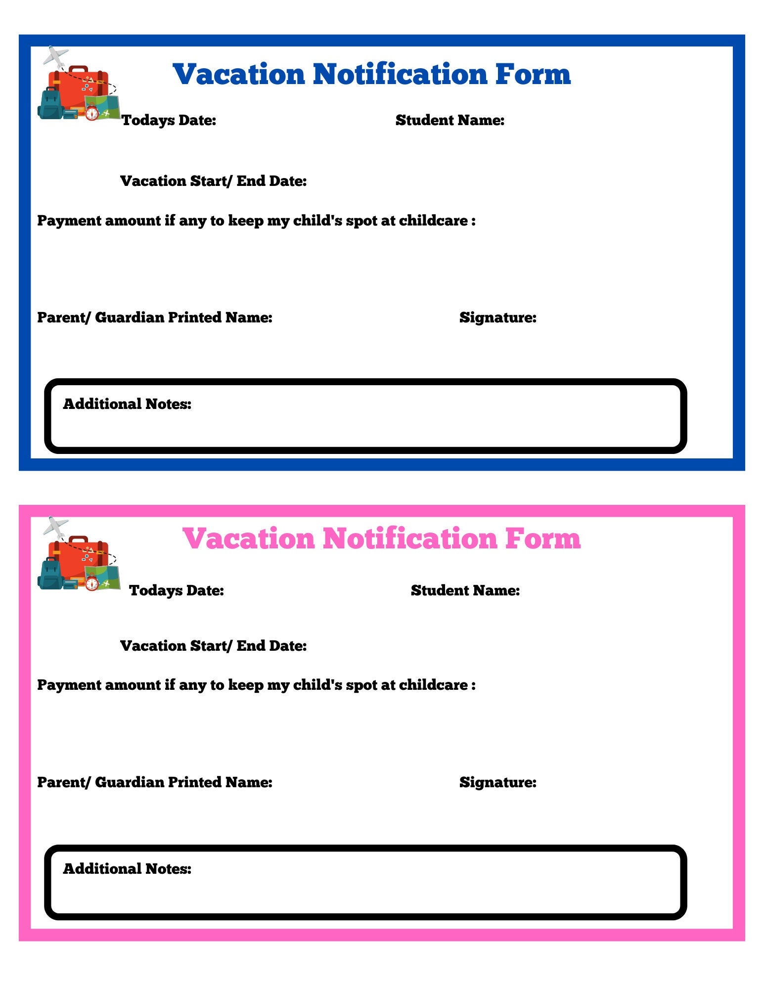 Childcare Vacation Form, Parent Vacation Form, Notification Form ...