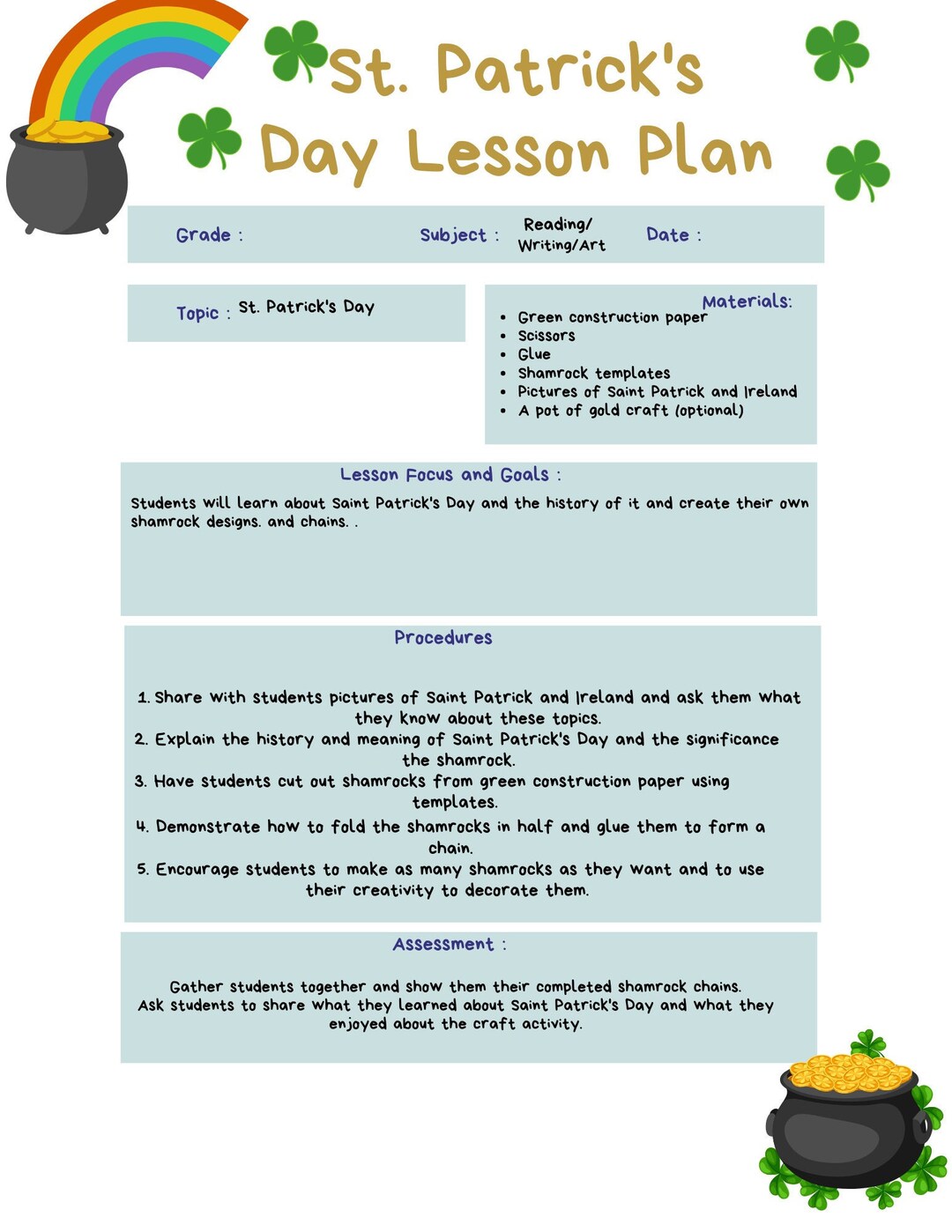 Saint Patrick's Day Lesson Plan / Kindergarten, Pre K, Primary, Daycare ...