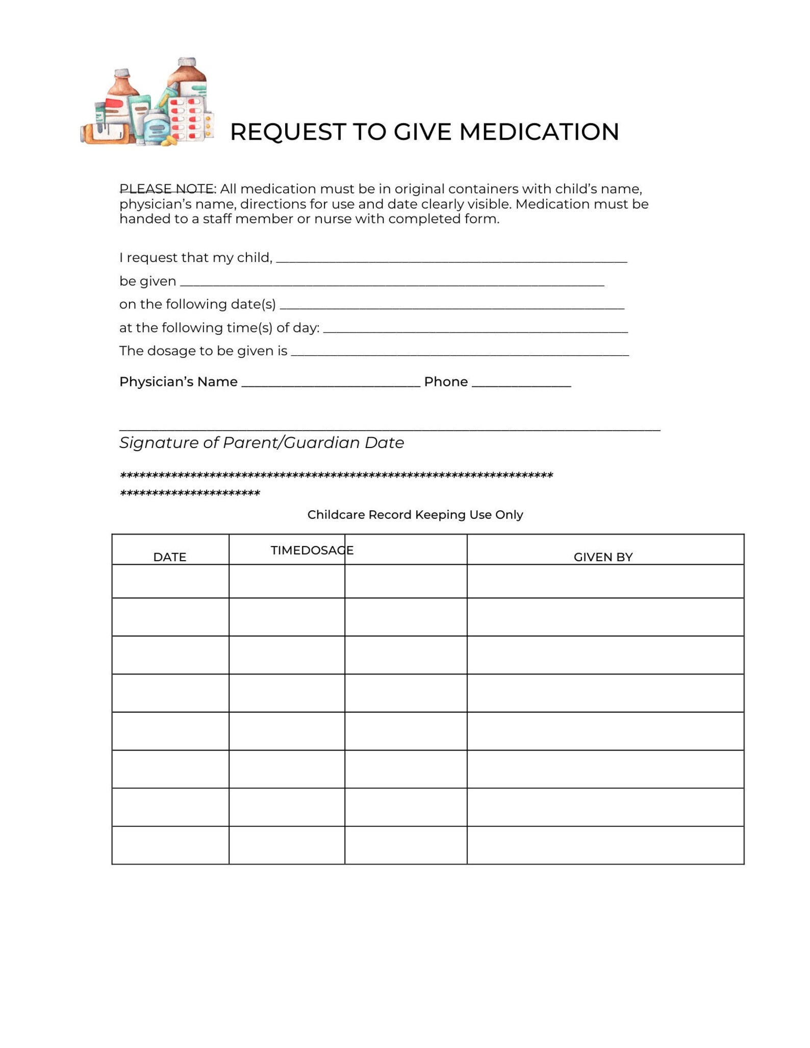 Childcare Request to Give Medication, Daycare Template - Etsy