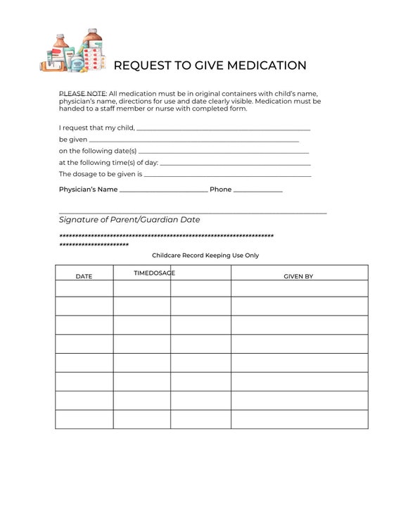Childcare Request to Give Medication Daycare Template - Etsy