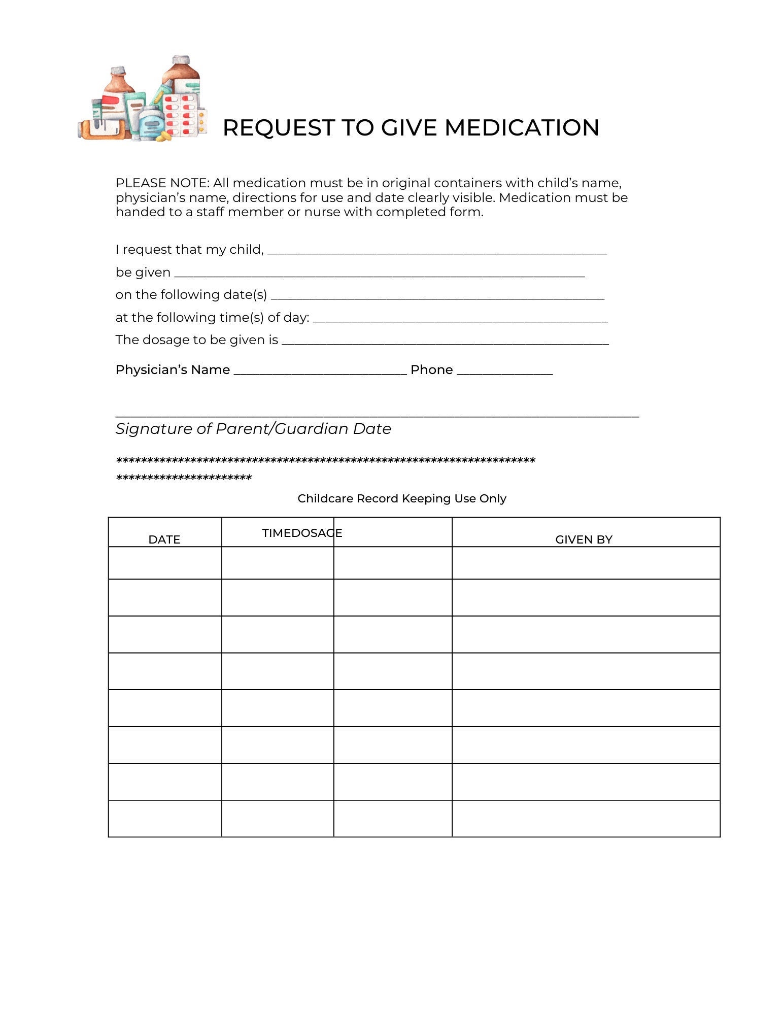 Childcare Request to Give Medication, Daycare Template - Etsy
