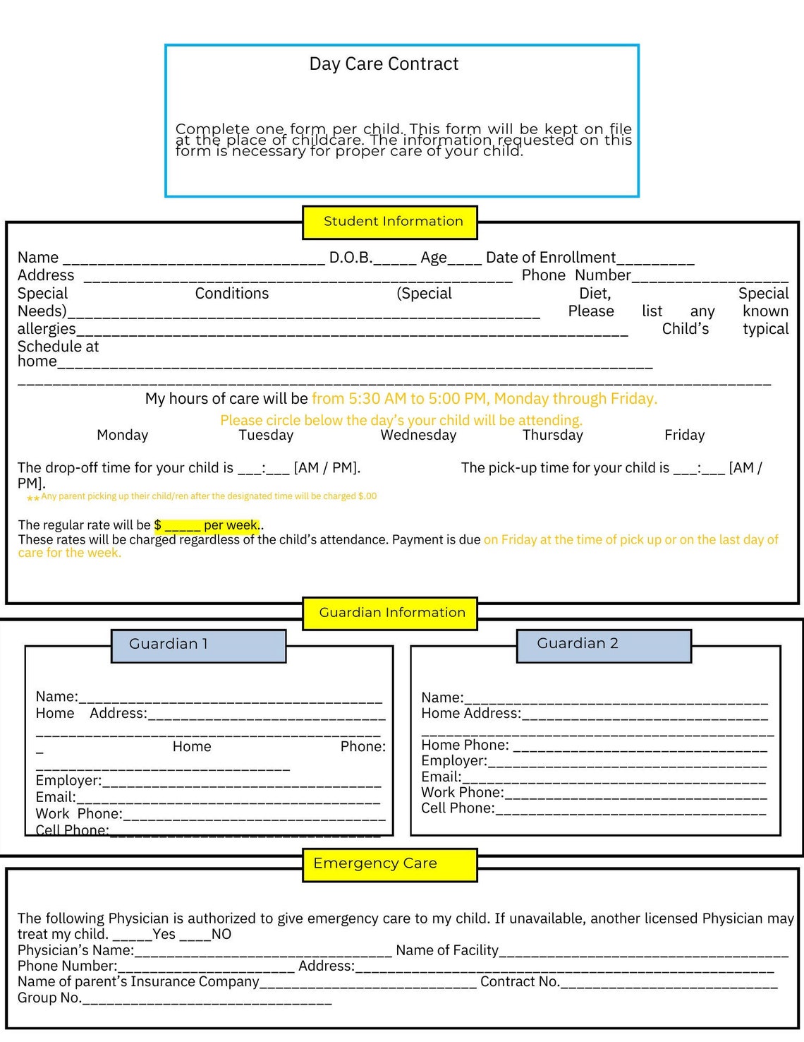 Daycare Enrollment Form, Childcare Form, Daycare Contract - Etsy