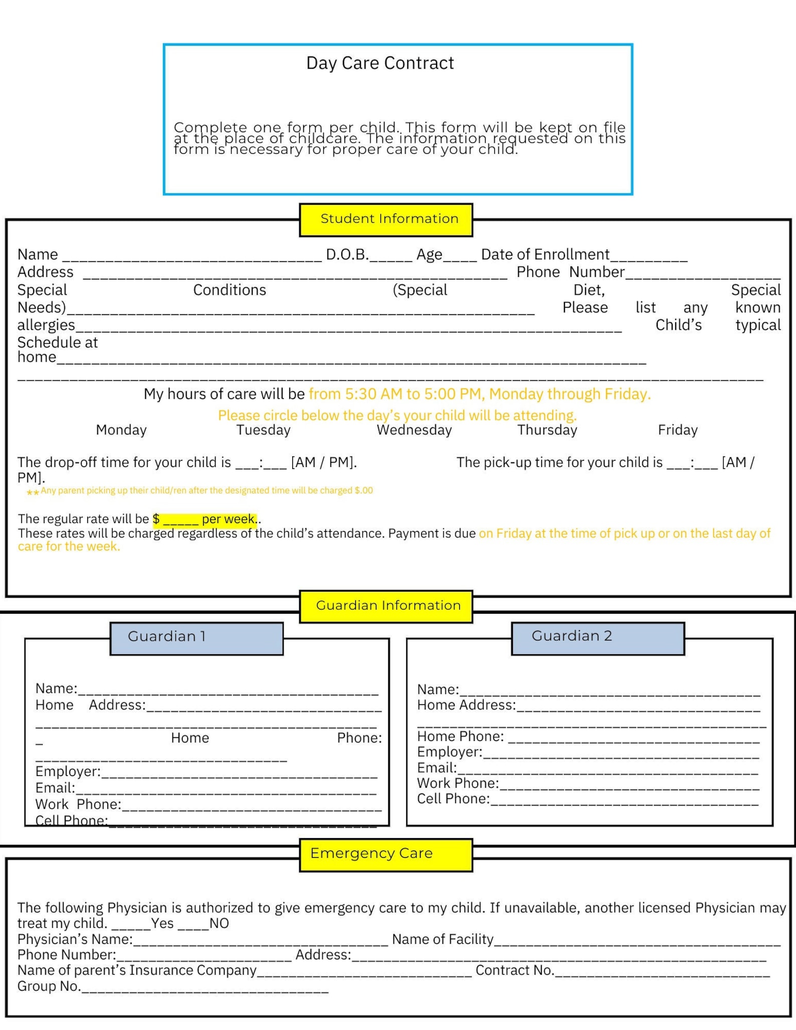 Daycare Enrollment Form, Childcare Form, Daycare Contract - Etsy