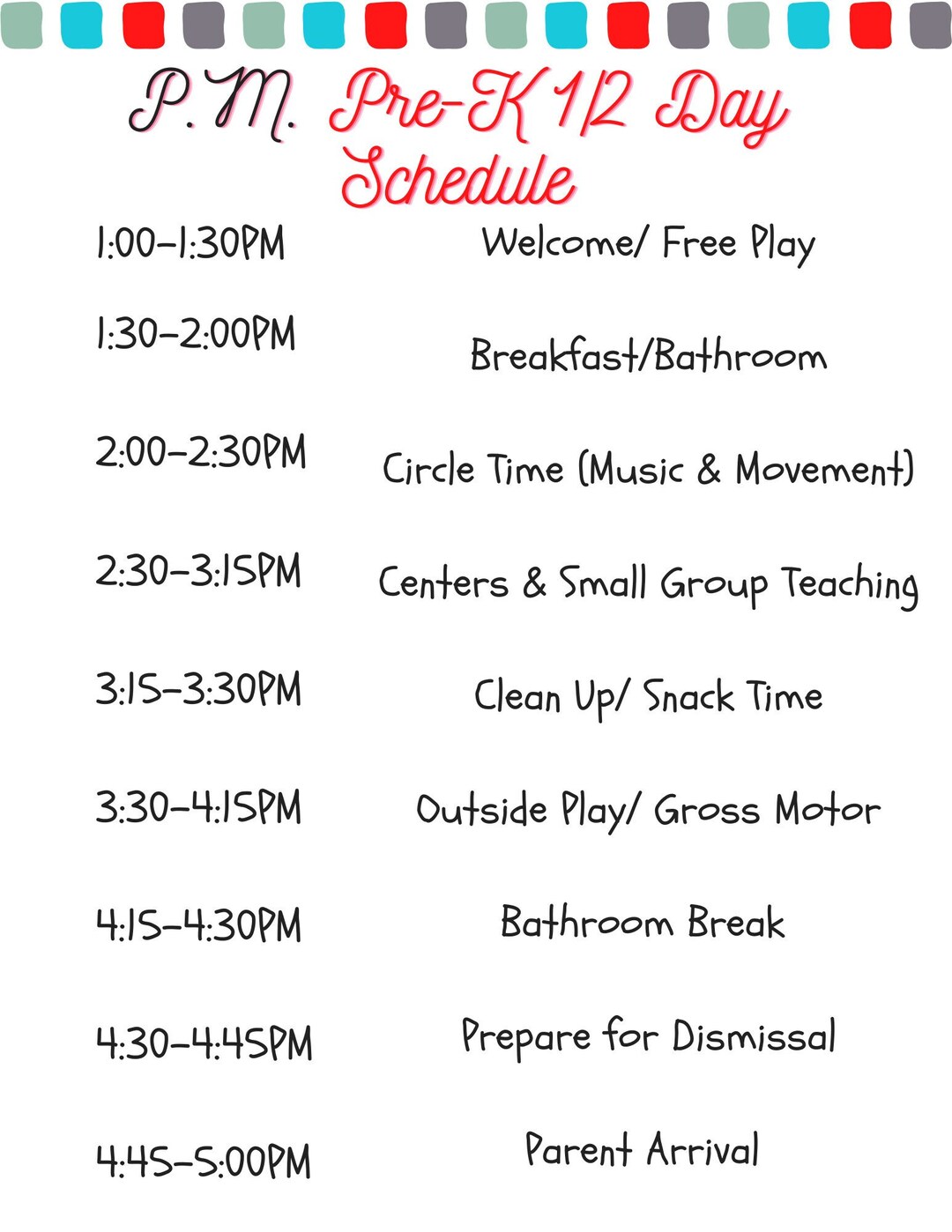 P.M. Pre-k Full Day Schedule, Preschool Schedule, Schedule, School ...