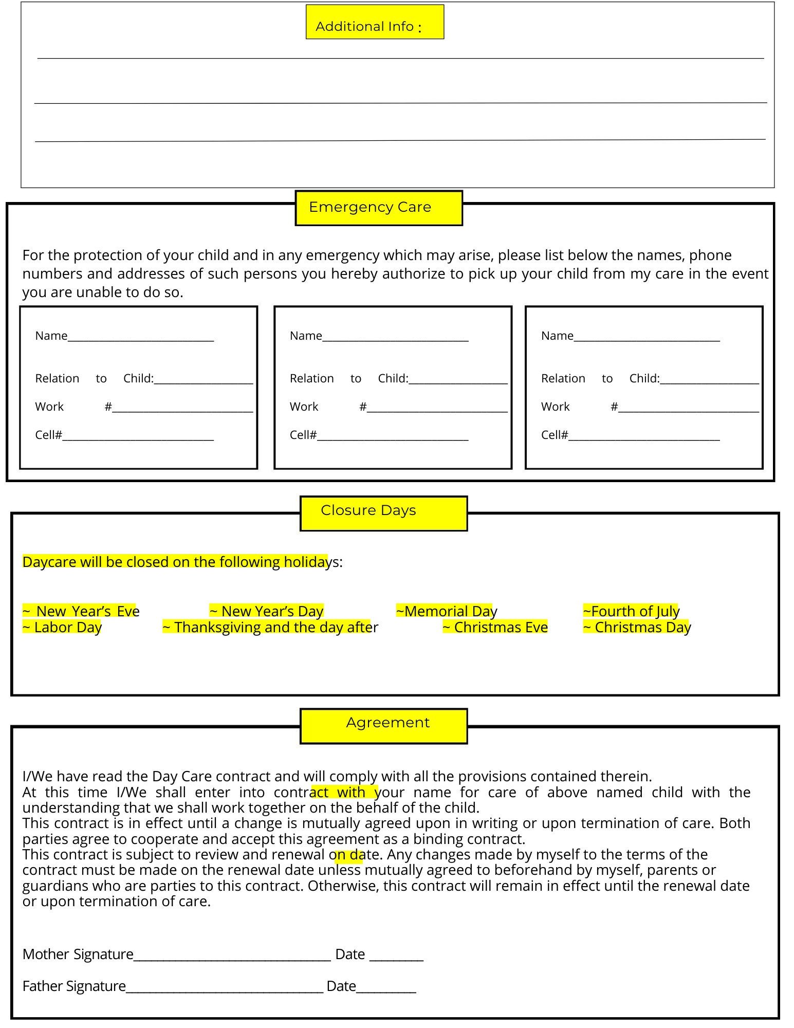 Daycare Enrollment Form, Childcare Form, Daycare Contract - Etsy