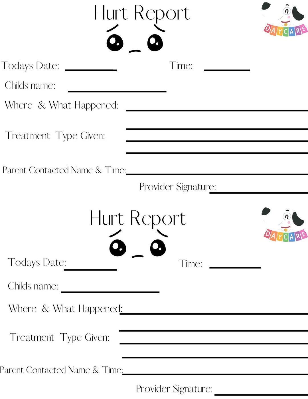 Daycare Template, Daycare Hurt Report, Childcare Template, Digital ...