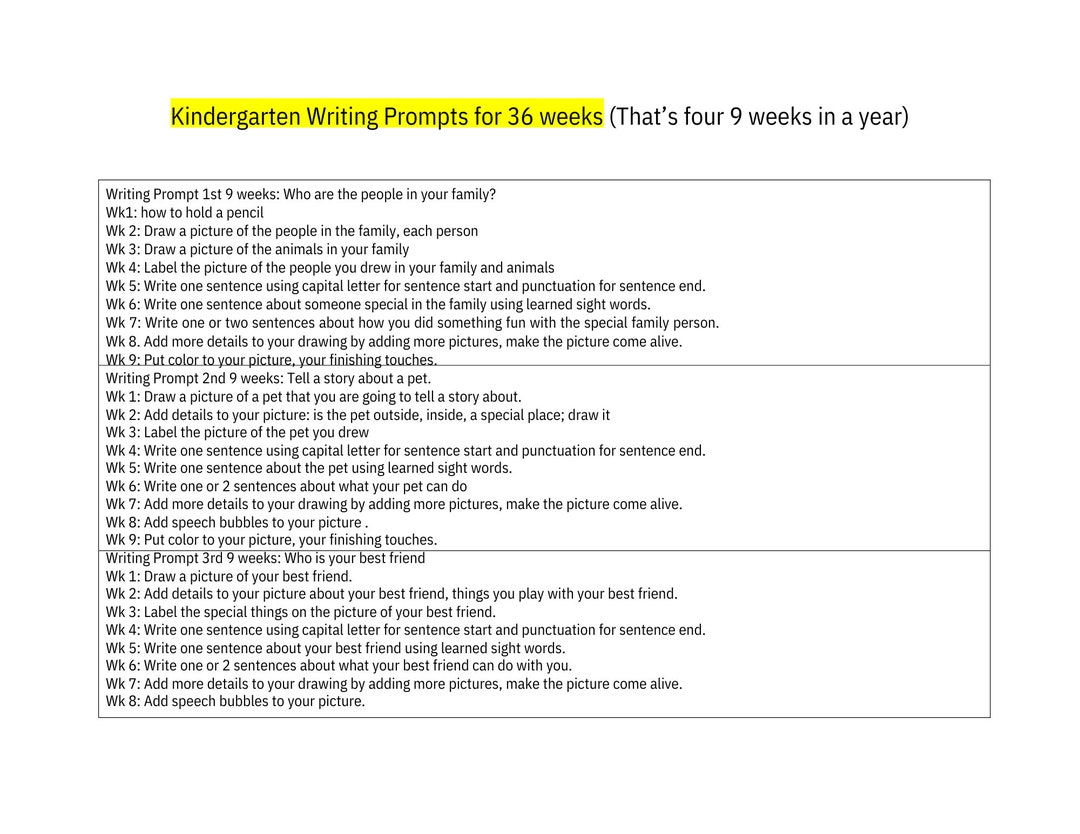 Kindergarten Writing Prompts; 36 Weeks Writing Prompts, School Writing ...