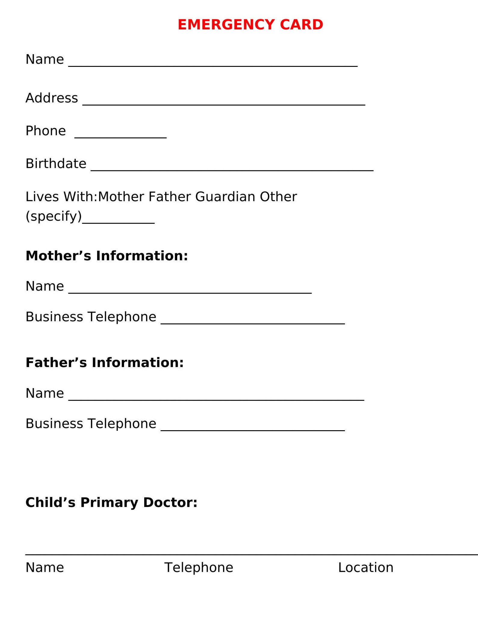 Emergency Card Daycare, Childcare Emergency Card, Enrollment Emergency ...