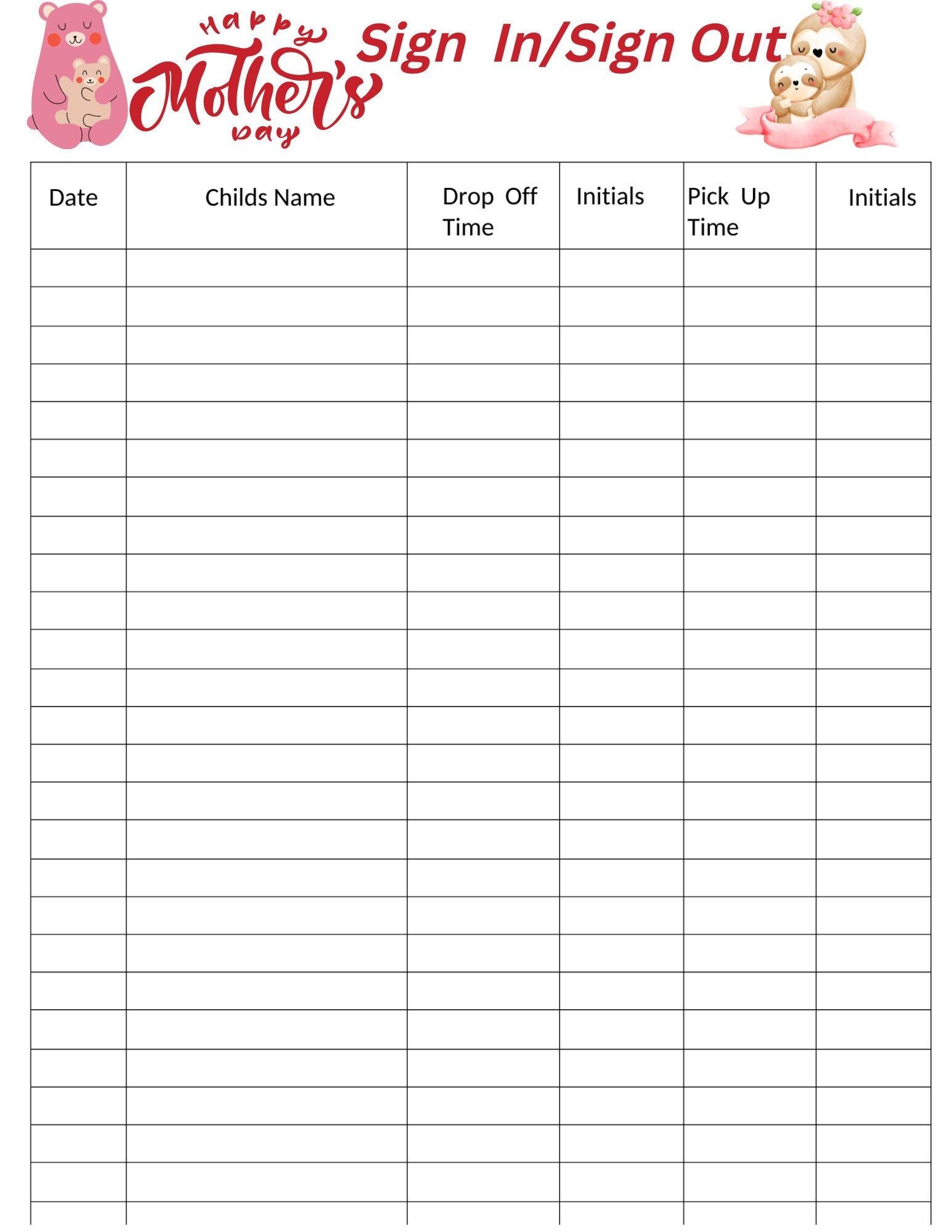 Sign In/ Sign Out Sheet, Daycare Template, Childcare Template, Digitial ...
