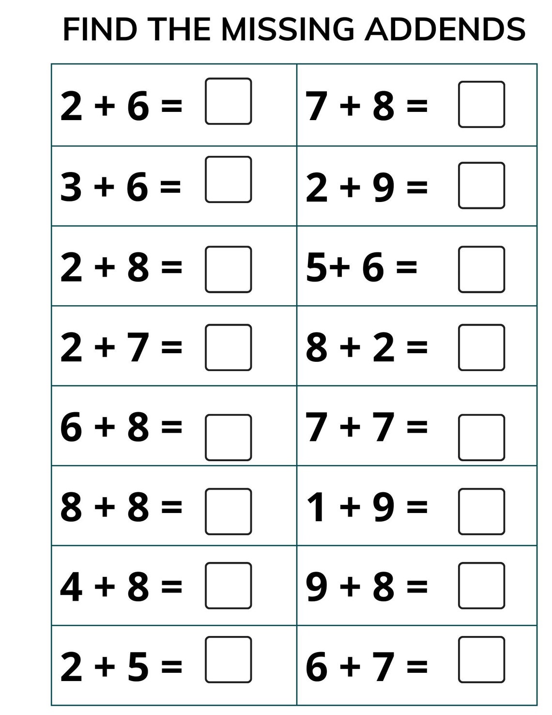 4 Printable Missing Addends Worksheets up to 20 / Math Addition ...
