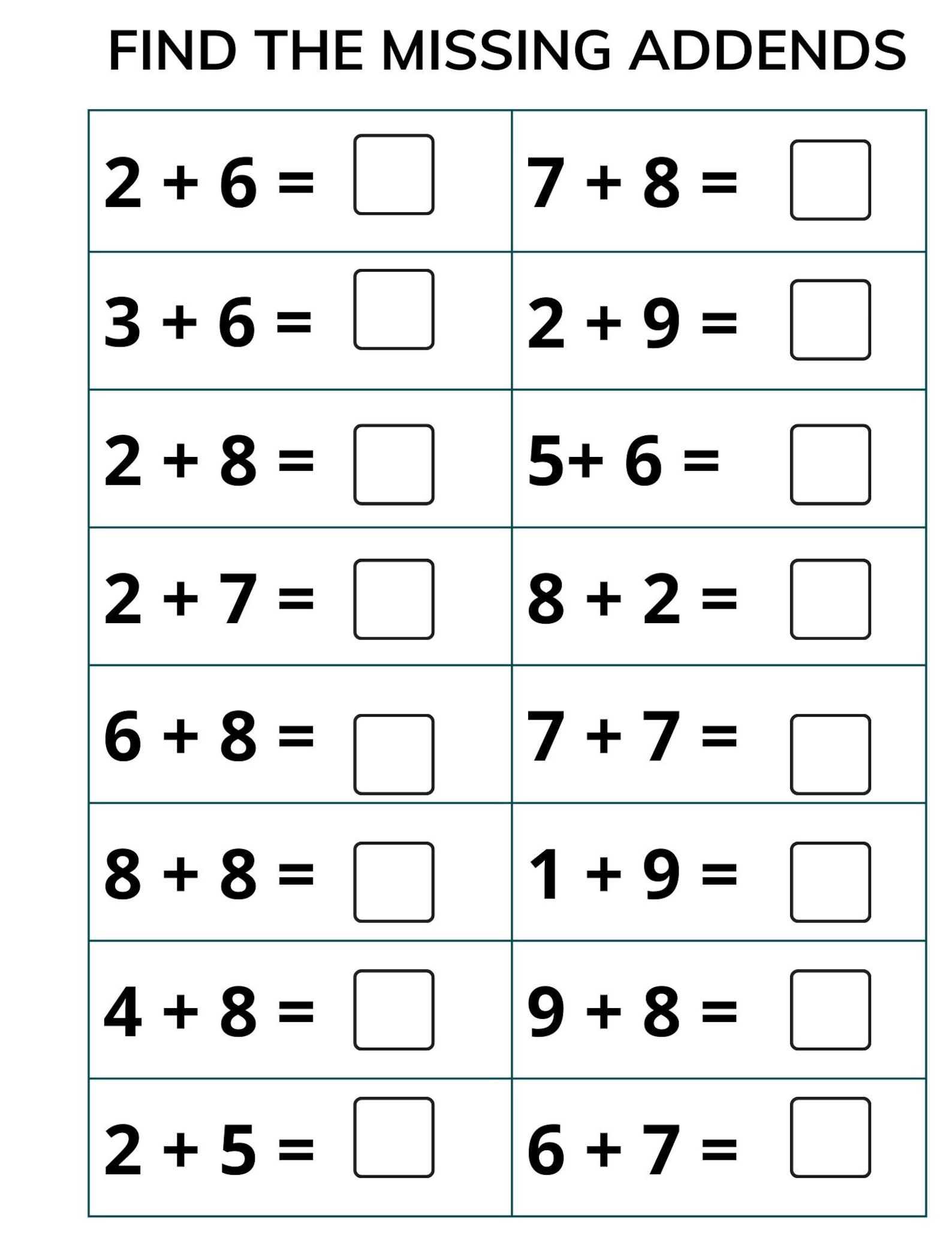 4 Printable Missing Addends Worksheets up to 20 / Math Addition ...