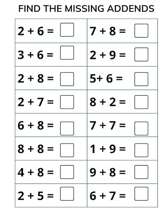 Missing Number Addition Worksheets