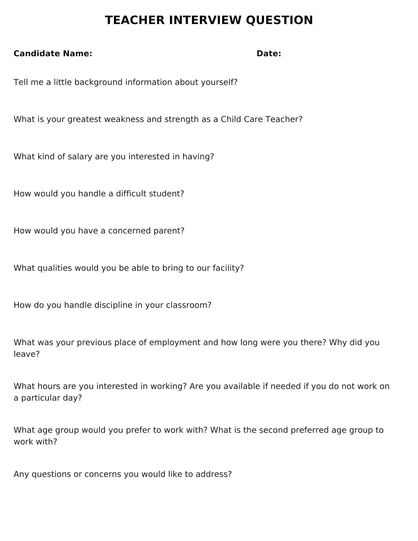 Childcare Teacher Interview Questions, Daycare Teacher Questions - Etsy