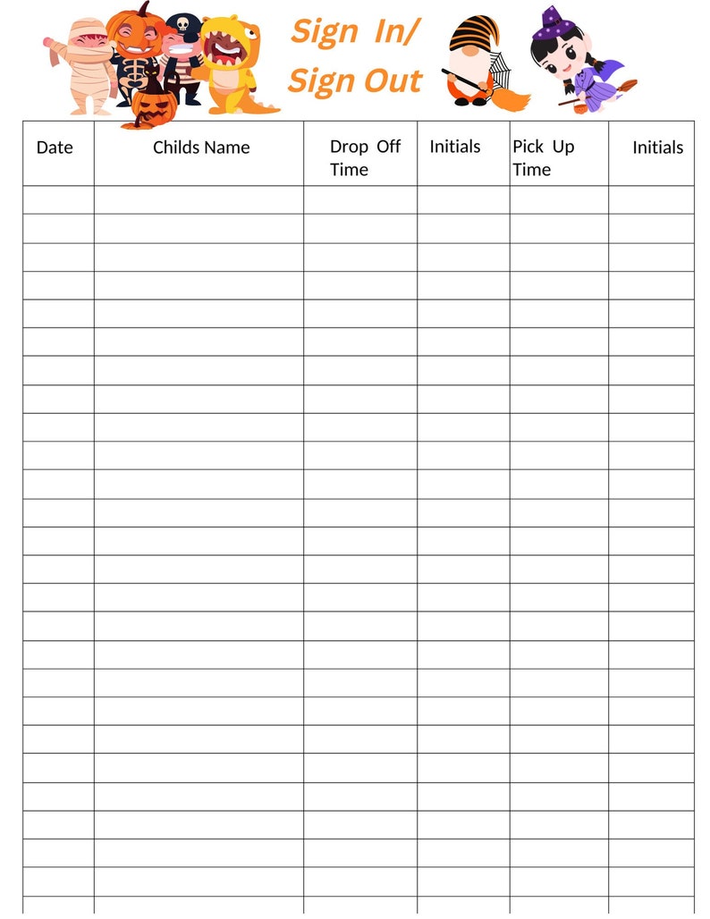 Sign In/ Sign Out Sheet, Daycare Template, Childcare Template, Digitial ...