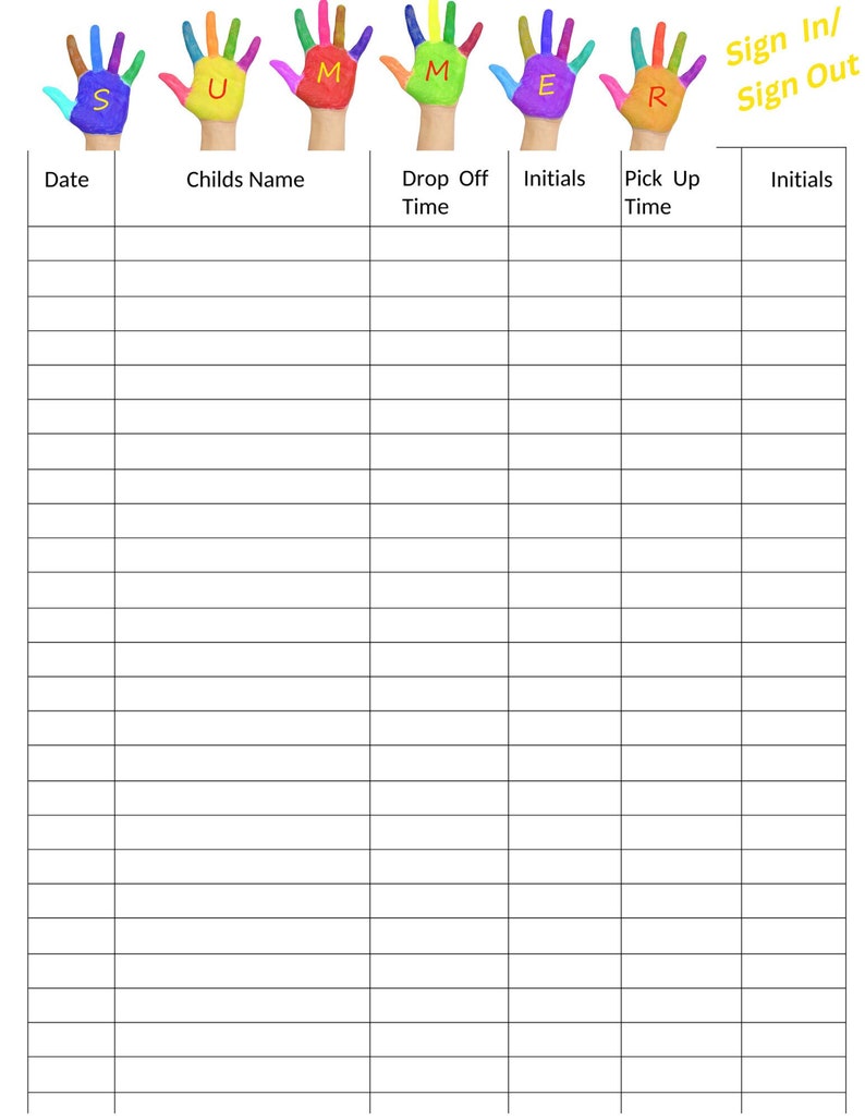 Sign In/ Sign Out Sheet, Daycare Template, Childcare Template, Digitial ...