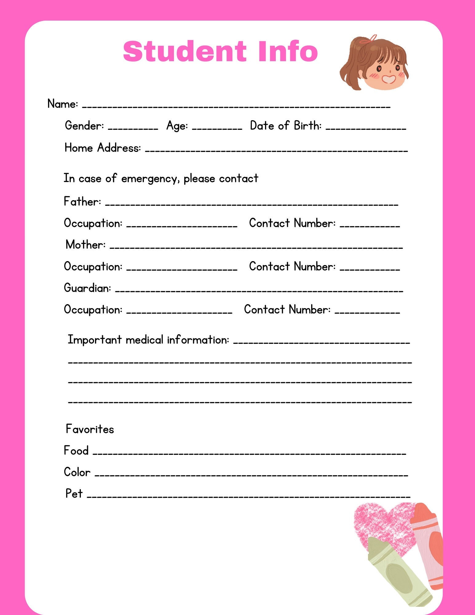 Student Information Sheet, Girl Information Sheet, Daycare/childcare ...
