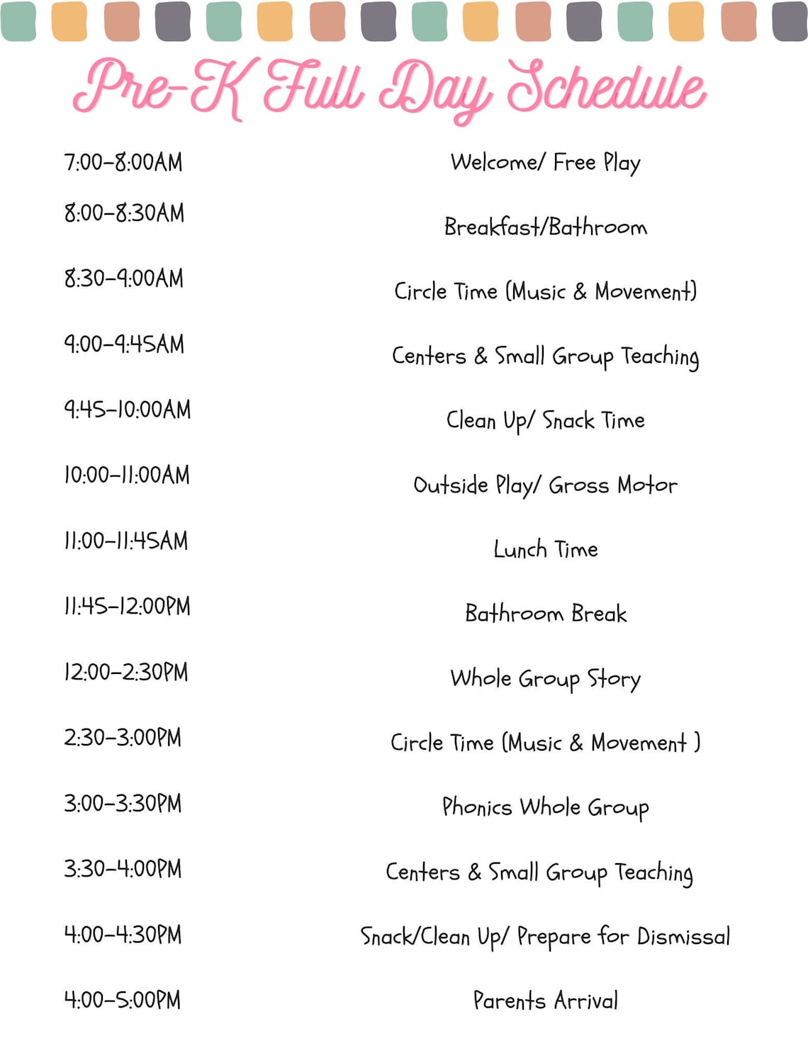 Pre-k Full Day Schedule, Preschool Schedule, Schedule, School Schedule ...