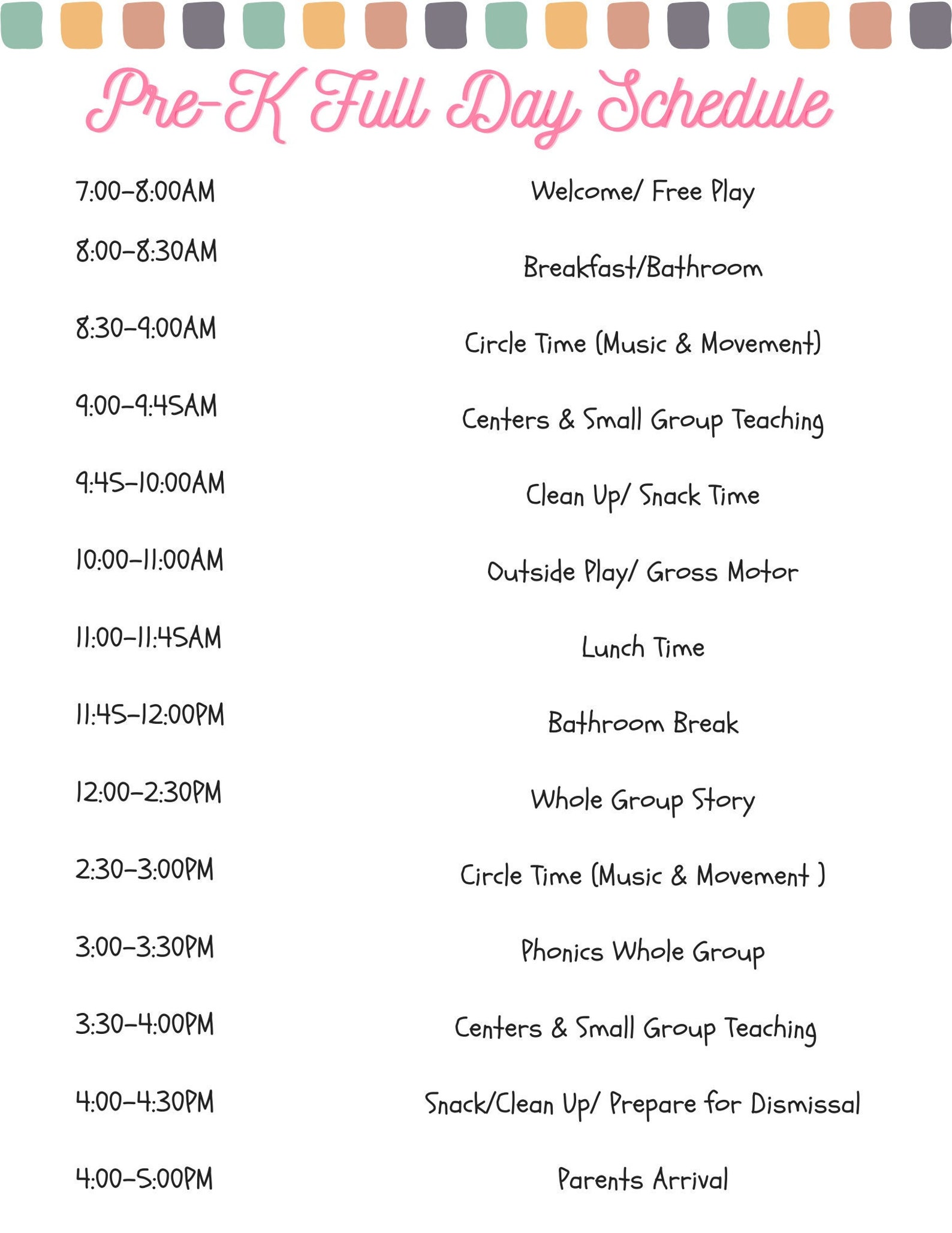 Pre-k Full Day Schedule, Preschool Schedule, Schedule, School Schedule ...